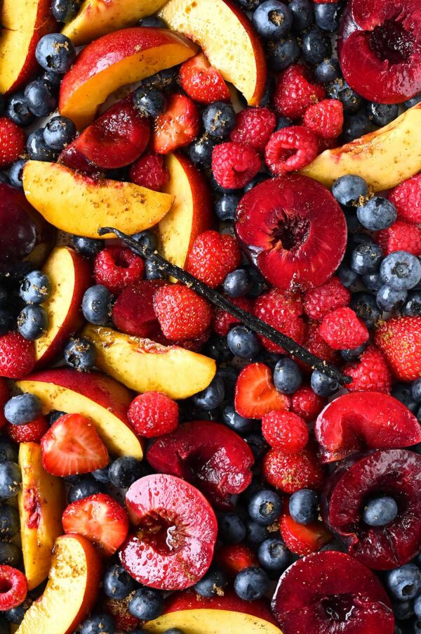 Brown Sugar Roasted Summer Fruit with Rum - Serving Dumplings
