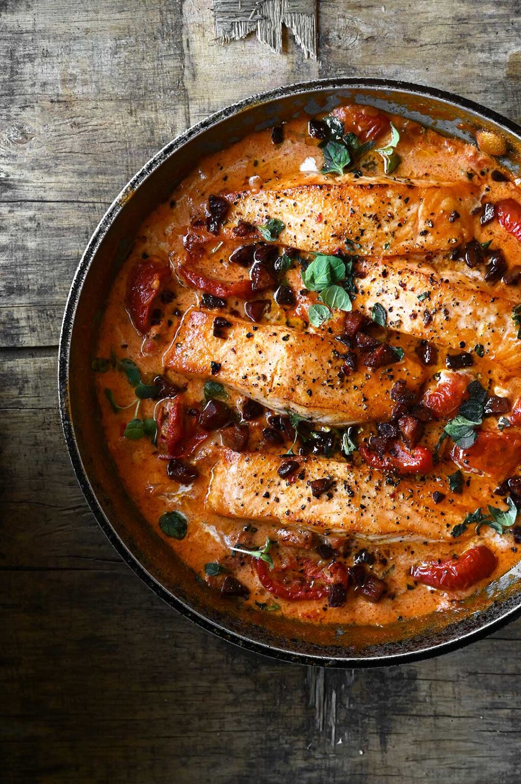 One-Pan Creamy Tomato Salmon with Chorizo - Serving Dumplings