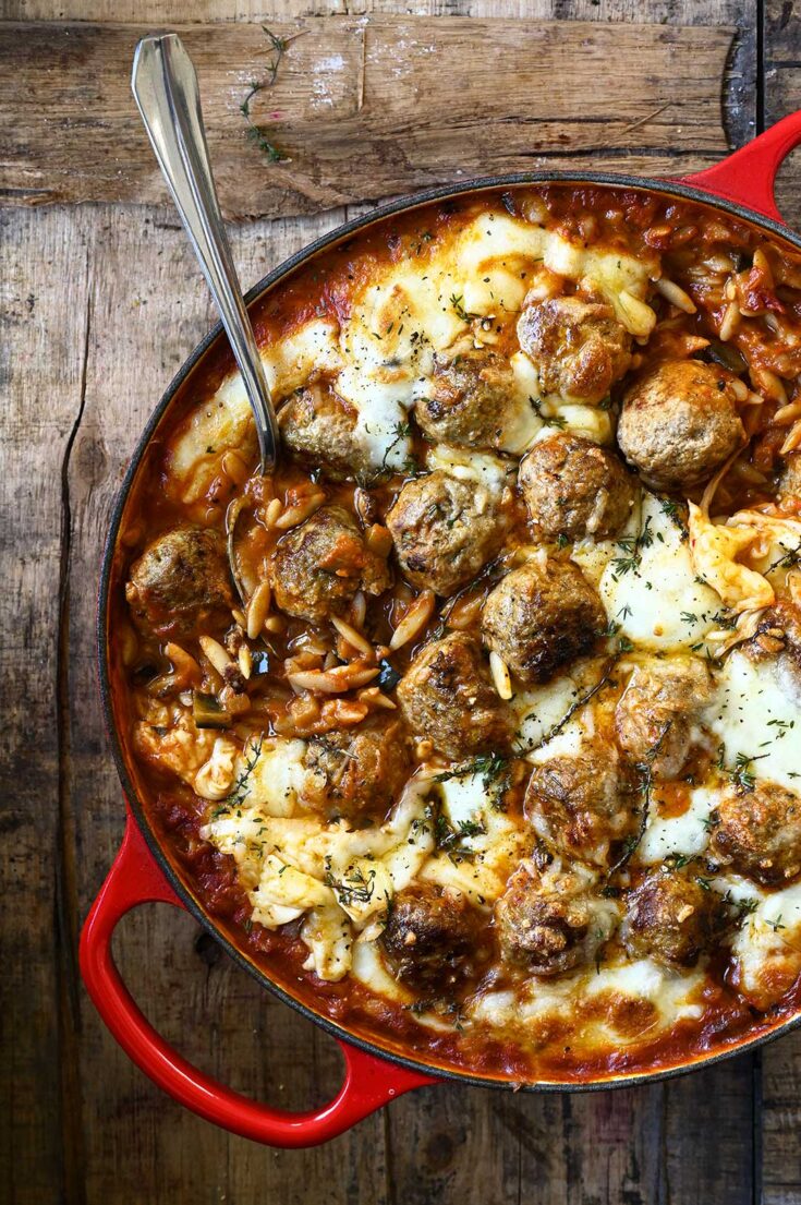 Baked Meatballs with Orzo in Roasted Pepper Sauce - Serving Dumplings