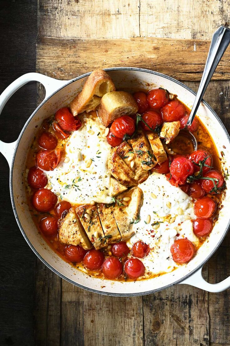 30 Minute Chicken with Braised Tomatoes and Burrata - Serving Dumplings