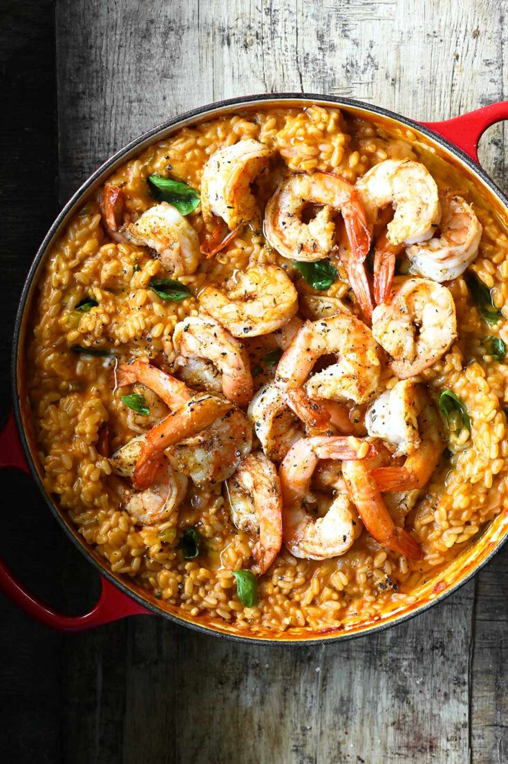 Creamy Tomato and Shrimp Risotto - Serving Dumplings