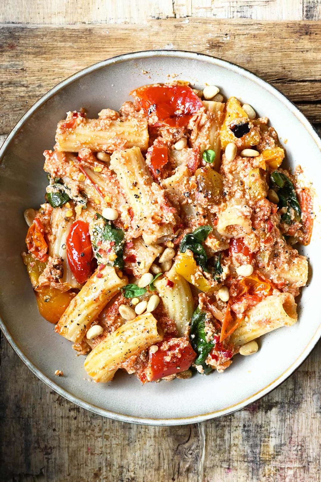 Roasted Pepper Rigatoni with Ricotta - Serving Dumplings
