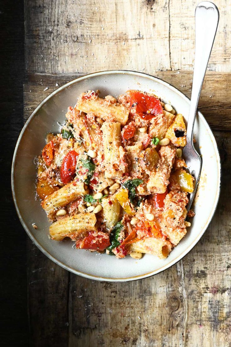 Roasted Pepper Rigatoni with Ricotta - Serving Dumplings