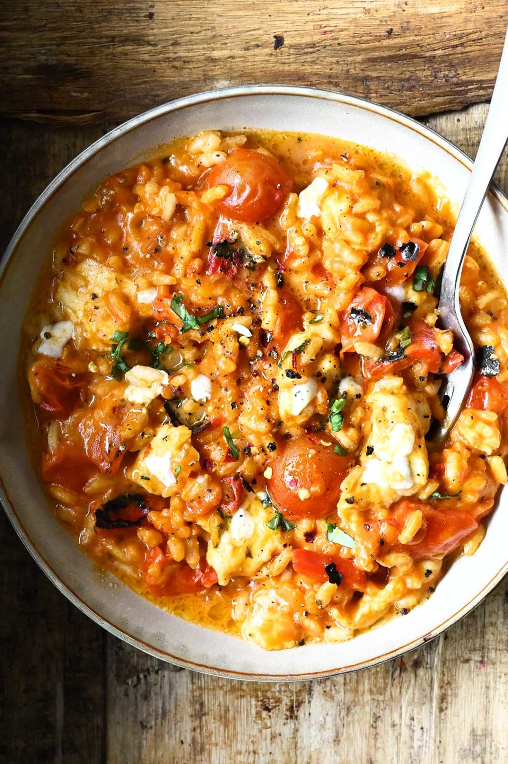 Tomato Mozzarella Risotto - Serving Dumplings