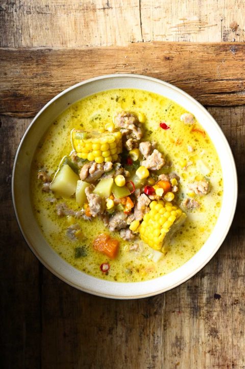 Chicken Corn Chowder - Serving Dumplings