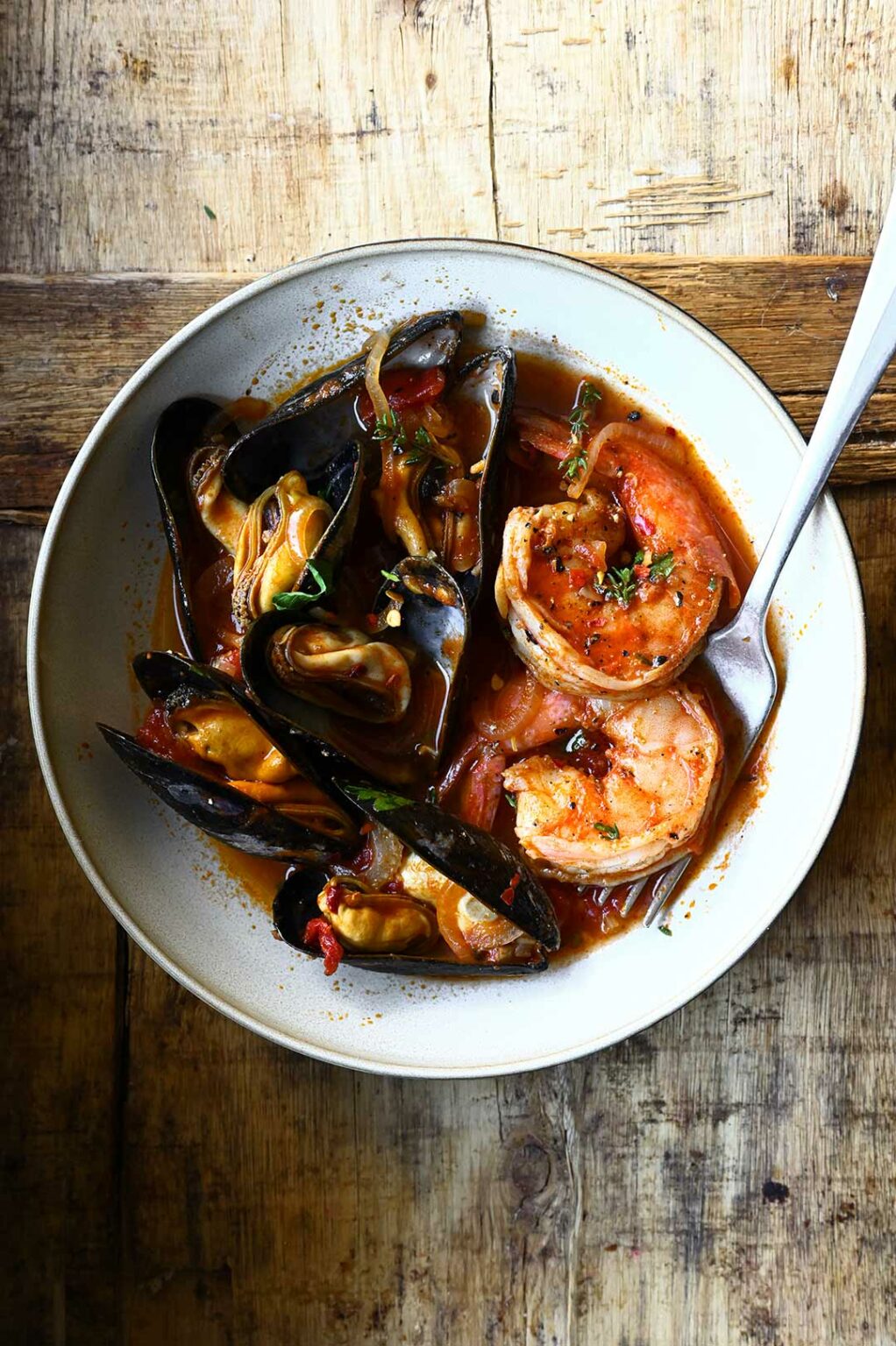Mussels and Shrimp in Garlic Tomato Sauce - Serving Dumplings