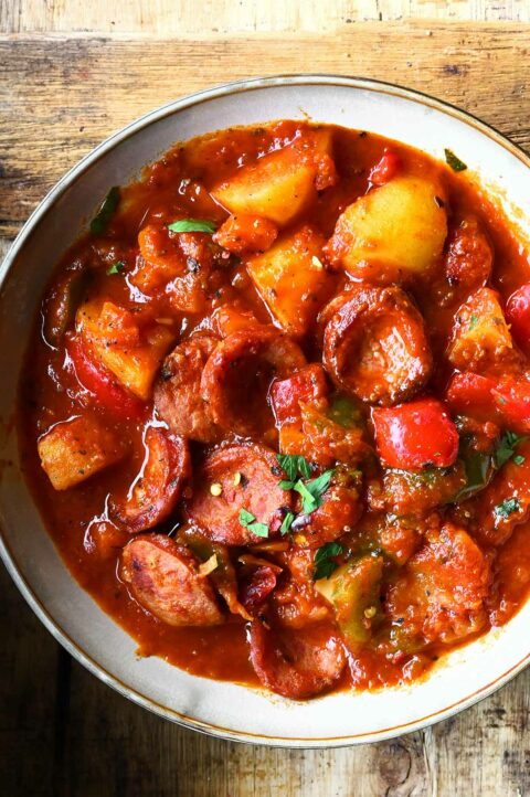 Potato and Sausage Stew - Serving Dumplings