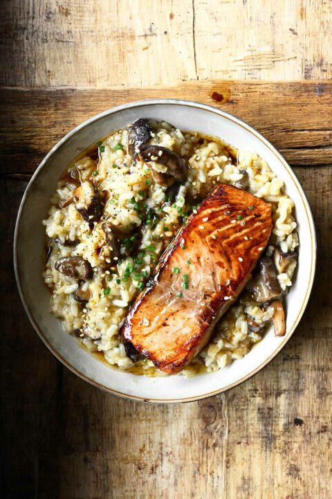 Japanese Style Risotto with Seared Salmon - Serving Dumplings