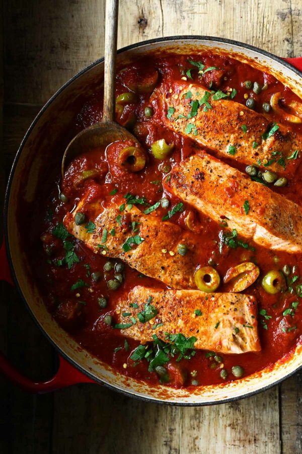 Salmon Puttanesca - Serving Dumplings