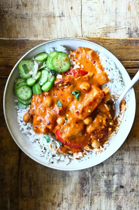 30 Minute Halloumi Curry - Serving Dumplings