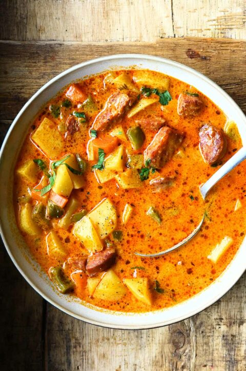 Spanish Potato Soup with Chorizo - Serving Dumplings