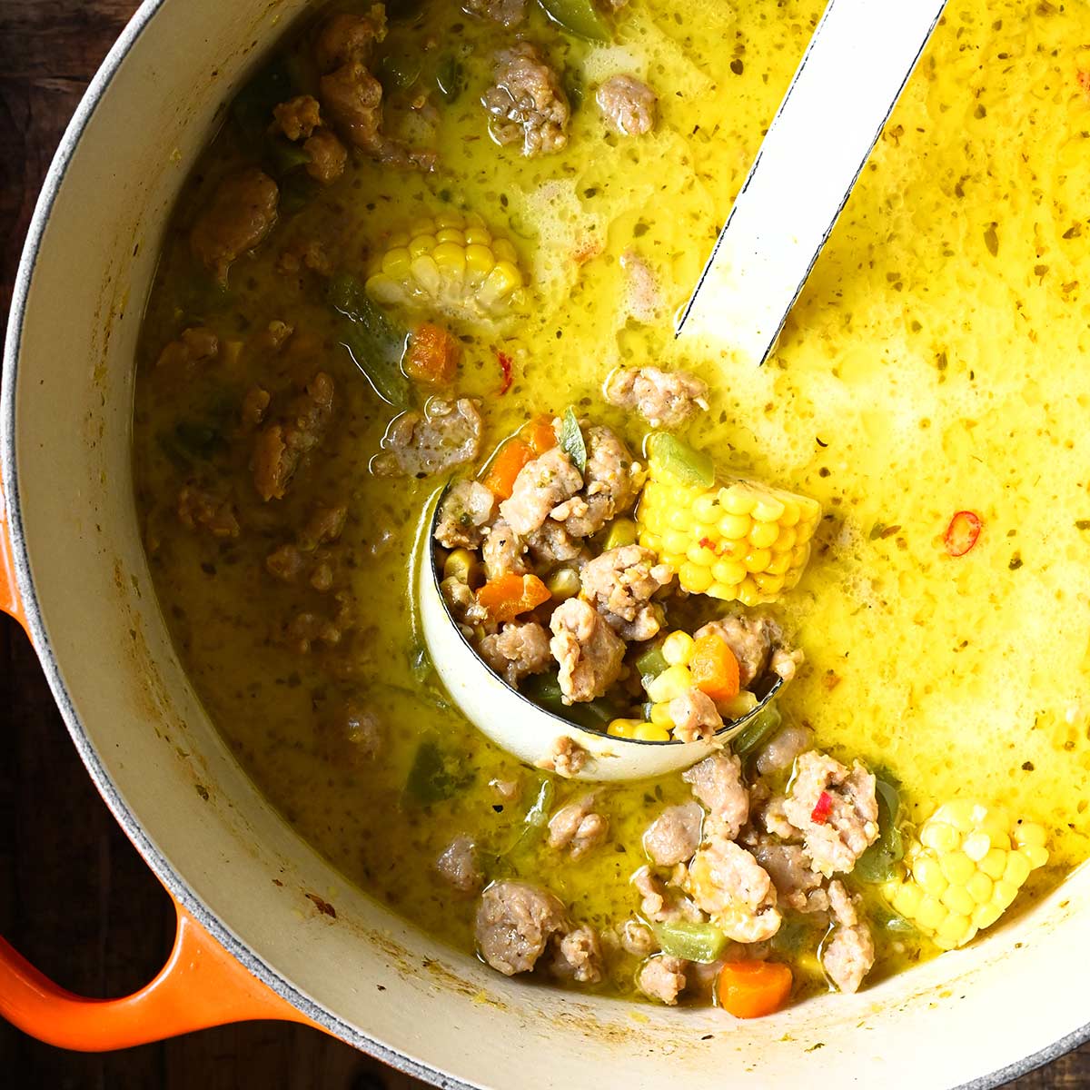 Chicken Corn Chowder - Serving Dumplings