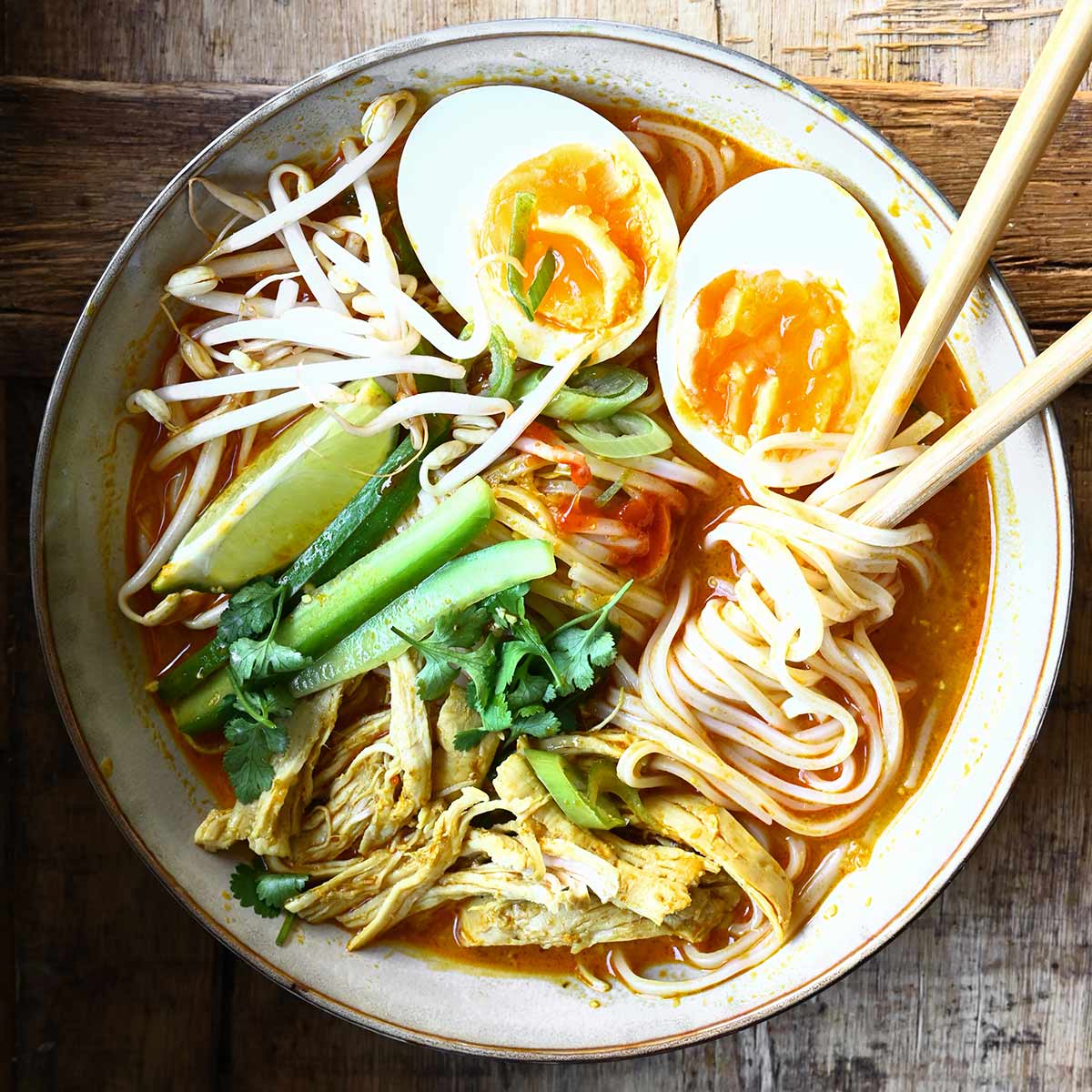 Easy Laksa with Shredded Chicken - Serving Dumplings