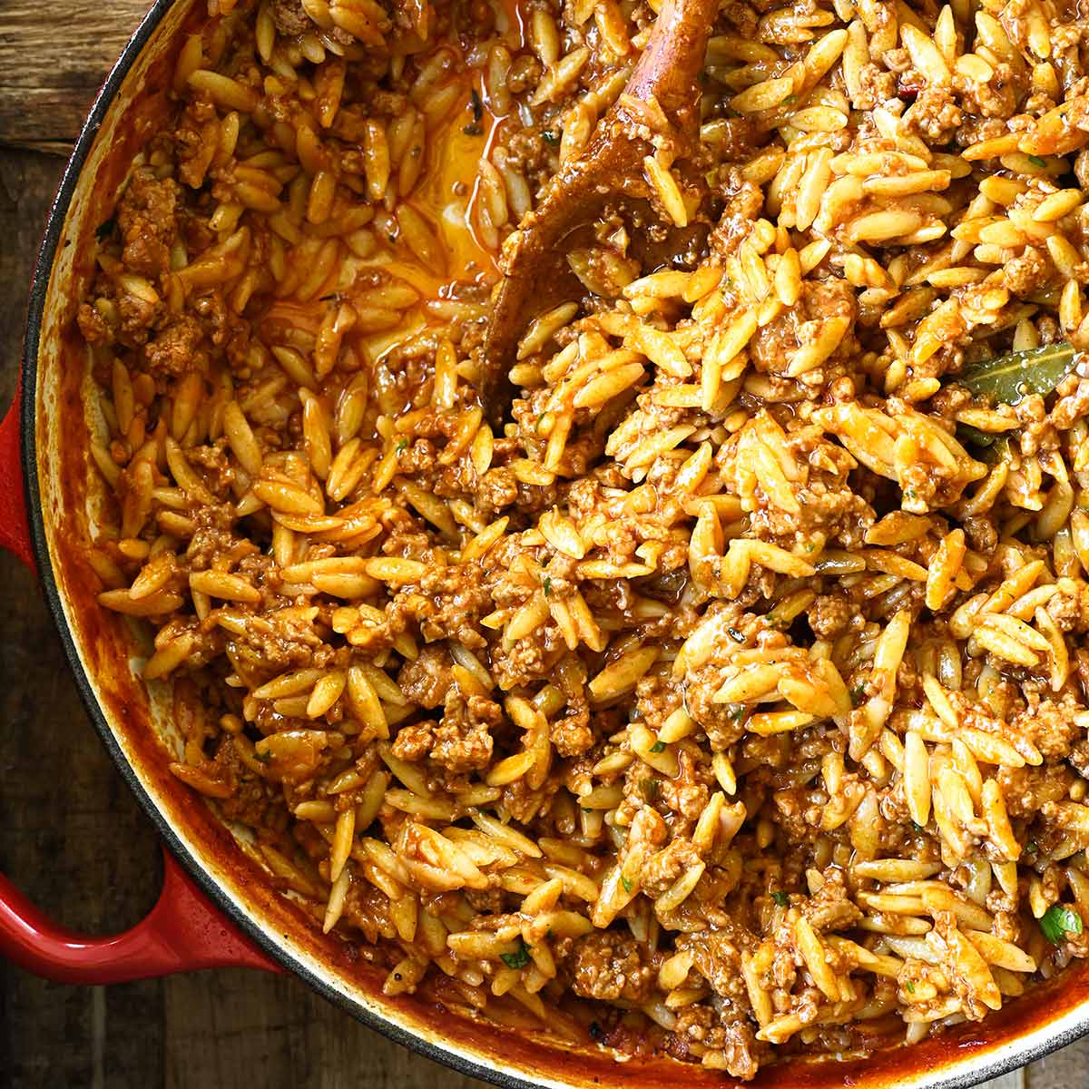 One Pot Tomato Beef Orzo - Serving Dumplings