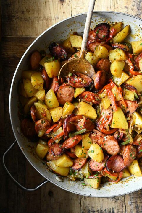 Kielbasa Potato Skillet - Serving Dumplings