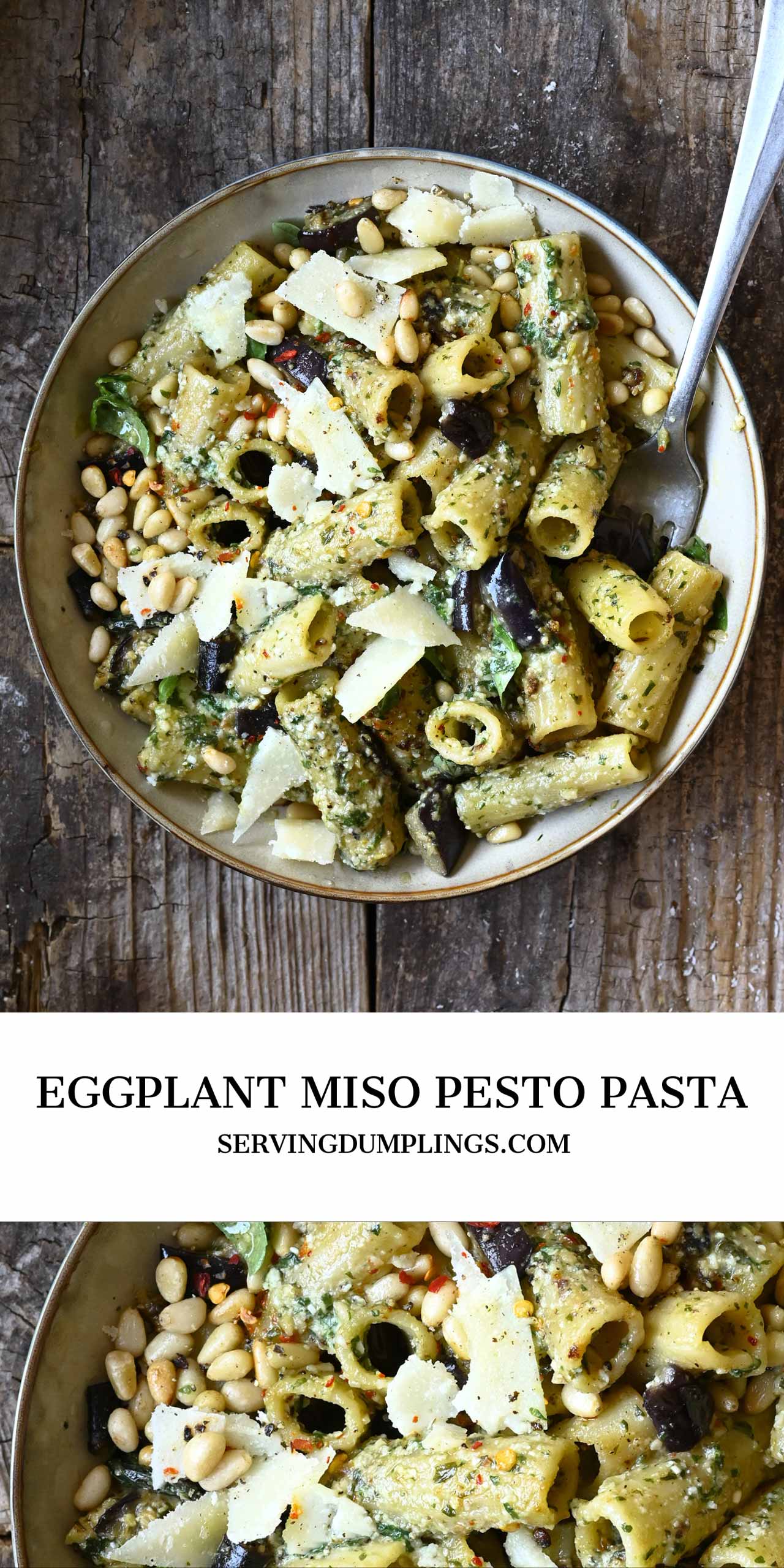 Eggplant Miso Pesto Pasta - Serving Dumplings