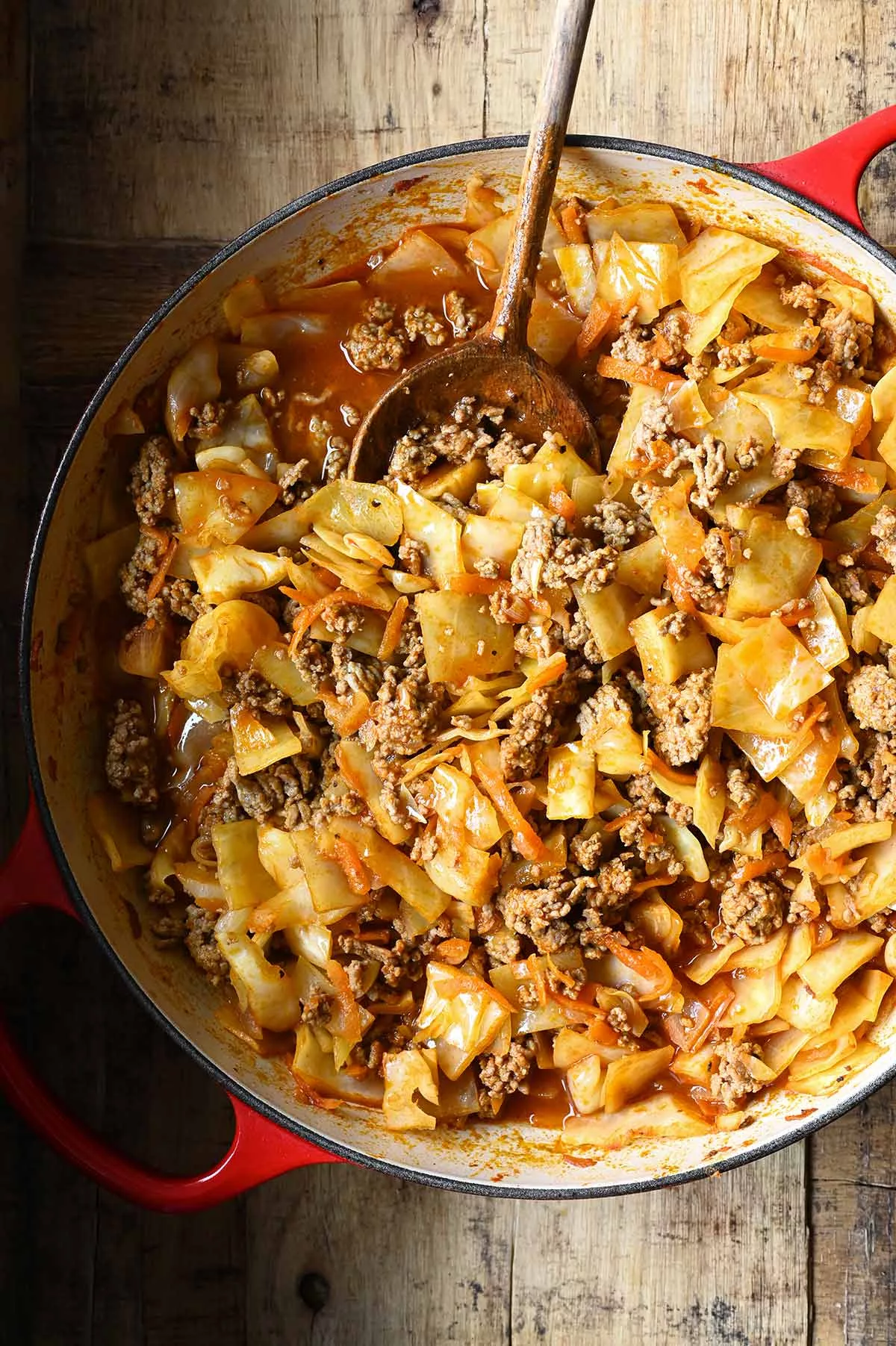 Ground Beef Cabbage Skillet - Serving Dumplings